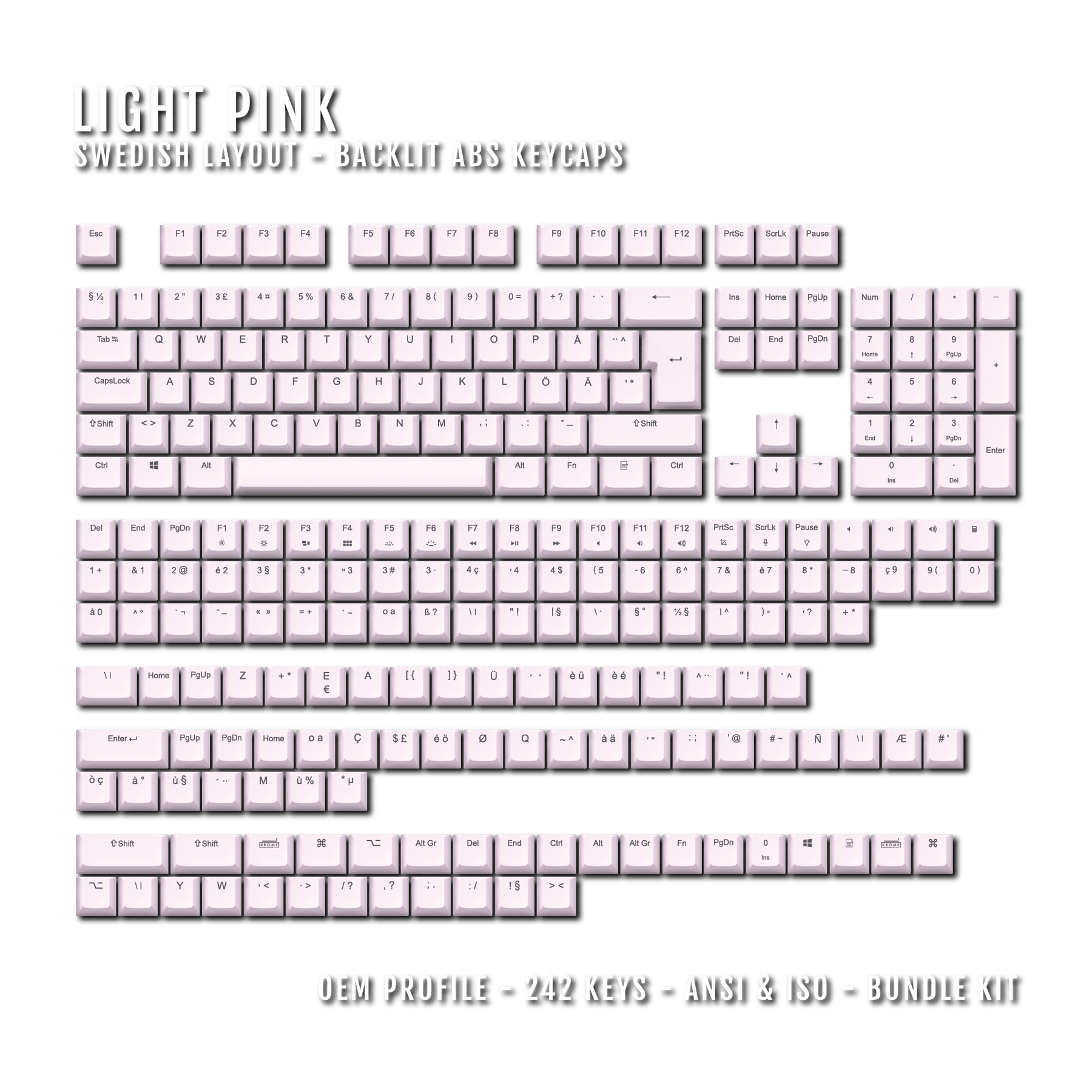 Light Pink Swedish (ISO-SE) Backlit ABS Keycaps for Windows & Mac ...