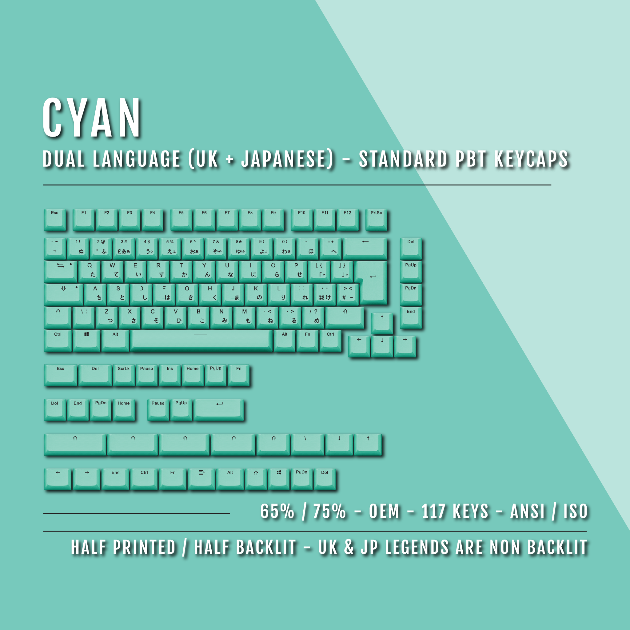 Cyan UK & Japanese Dual Language PBT Keycaps – 65/75% – Krome Keycaps LTD