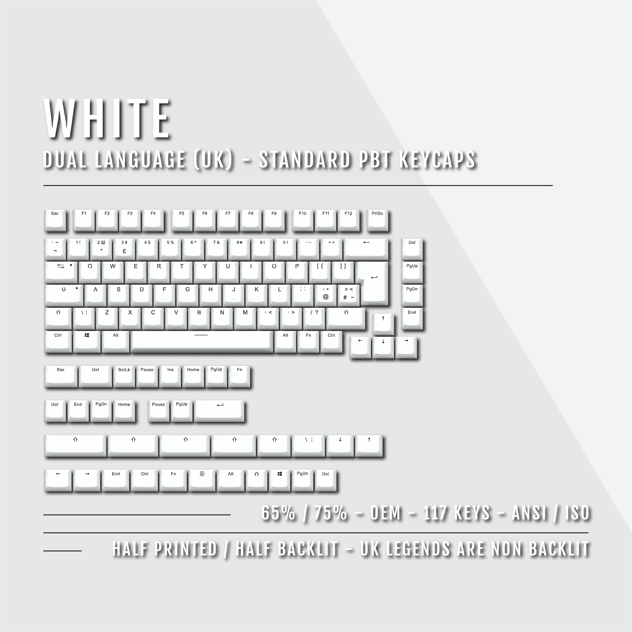 White UK Dual Language PBT Keycaps - 65/75% – Krome Keycaps LTD