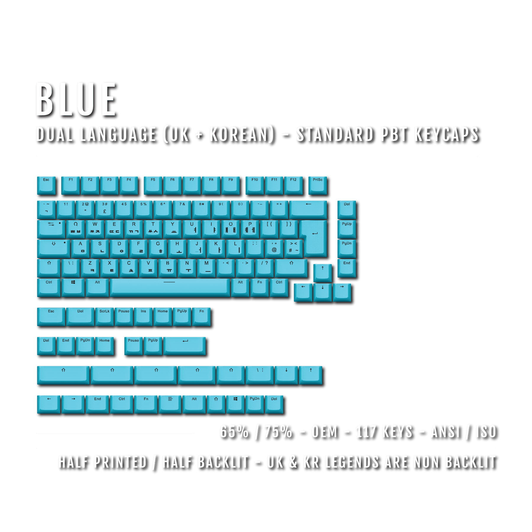UK Blue PBT Korean (Hangul) Keycaps - 65/75% Sizes - Dual Language Key ...