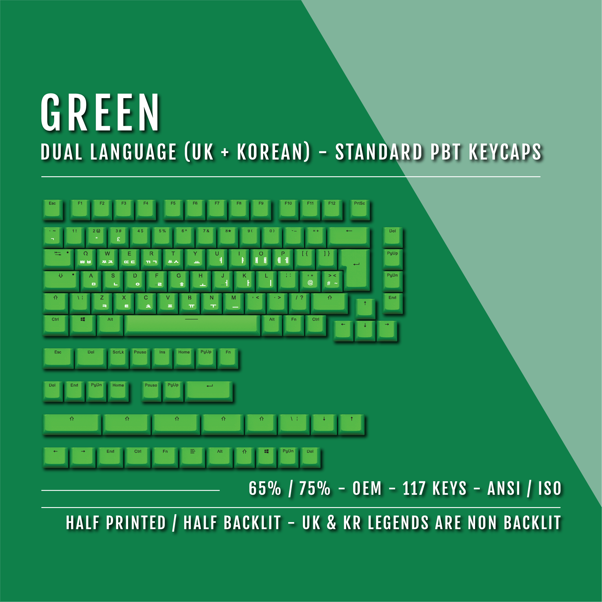 UK Green PBT Korean (Hangul) Keycaps - 65/75% Sizes - Dual Language Ke ...
