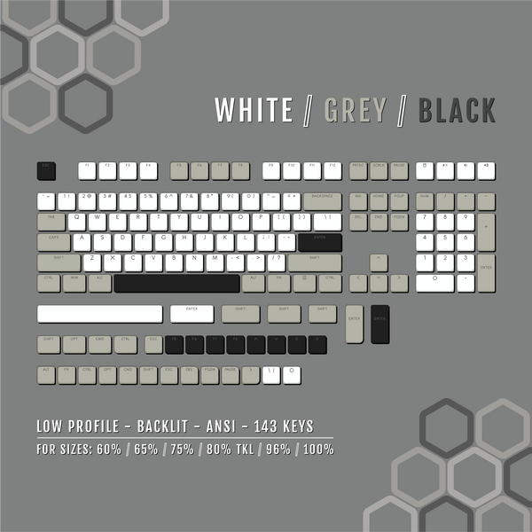 White/Grey/Black Low Profile Backlit PBT Keycaps – Krome Keycaps LTD