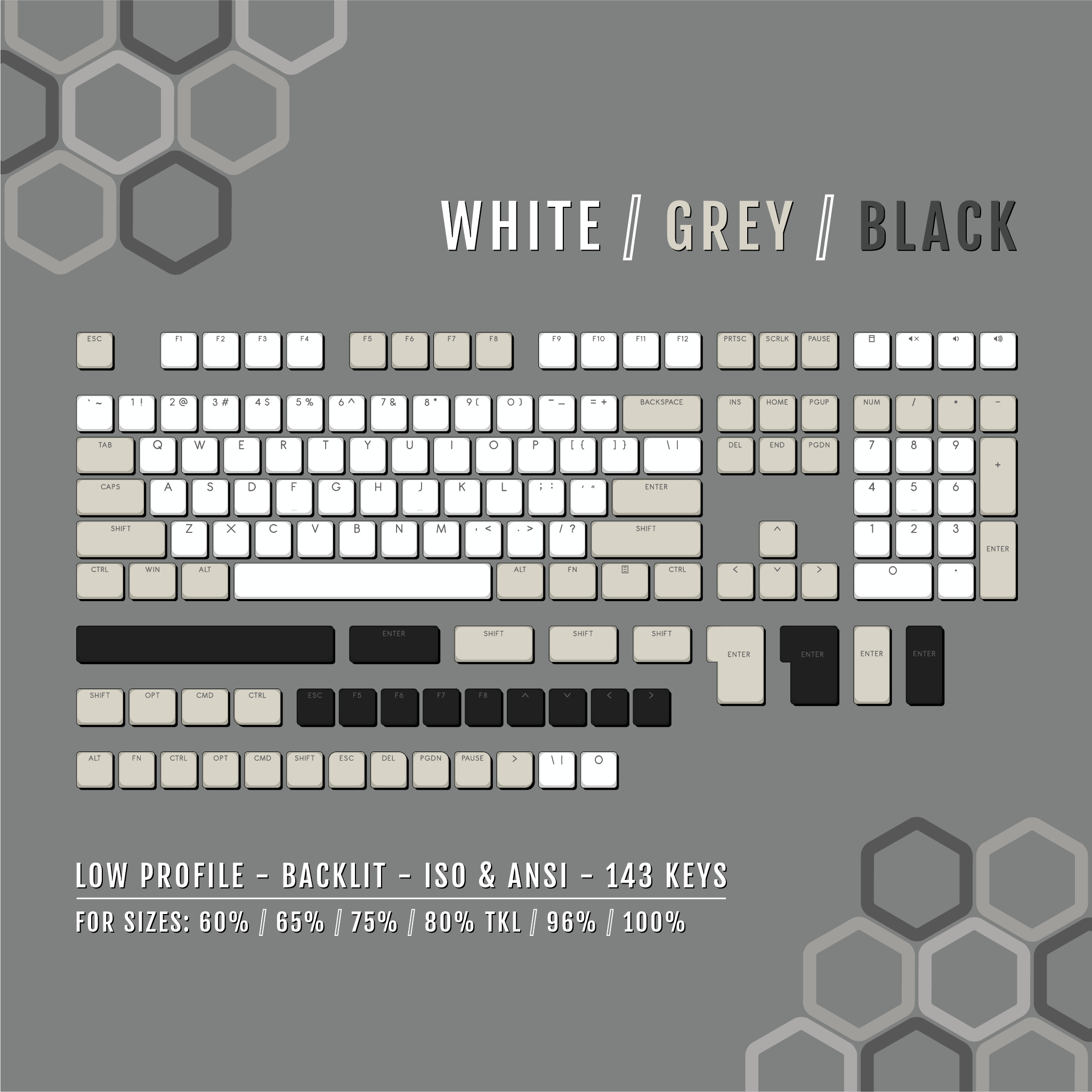 White/Grey/Black Low Profile Backlit PBT Keycaps – Krome Keycaps LTD